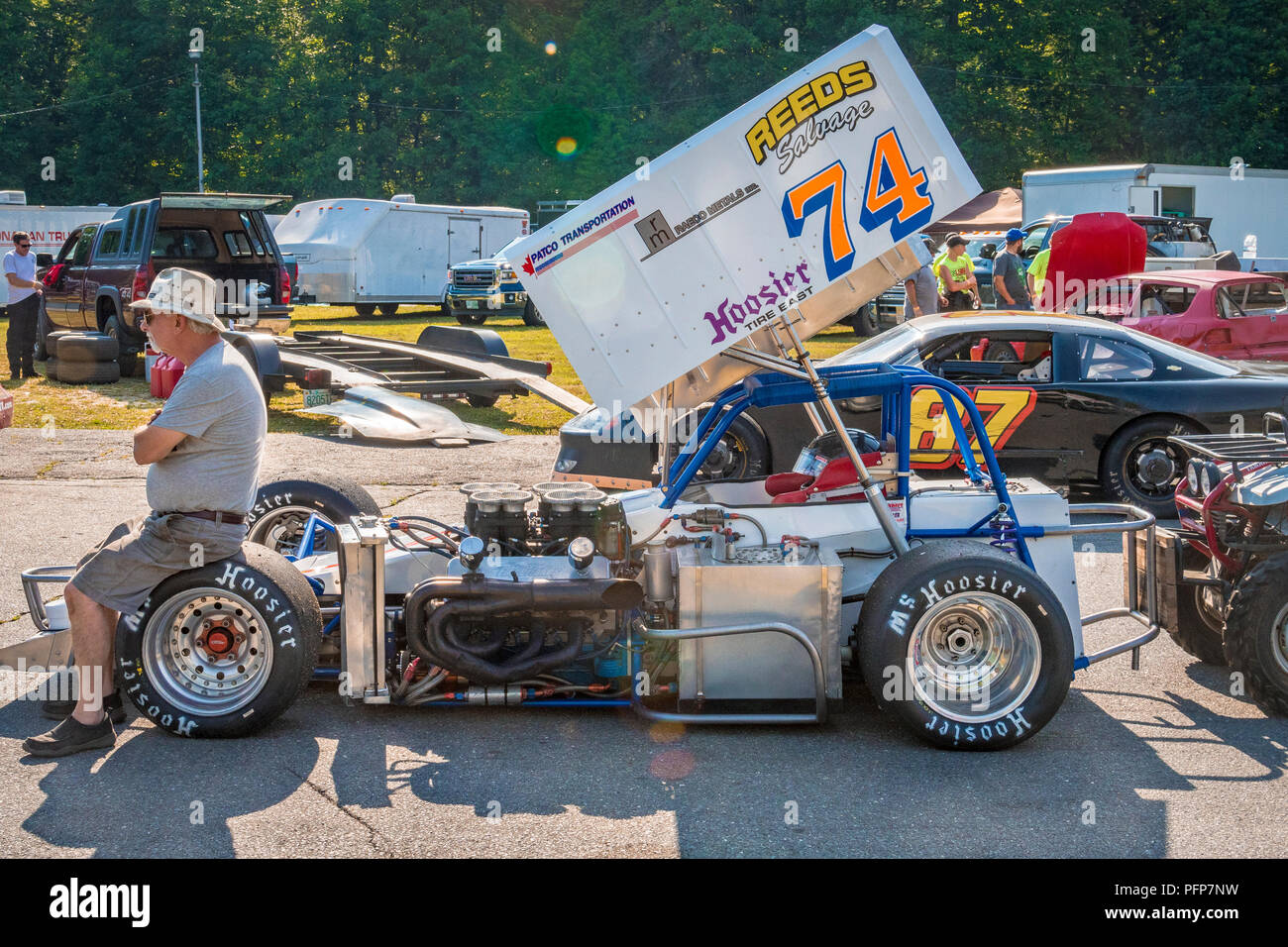Supermodified driver Moe Lijje of Freemont, OH waits in his car in the ...