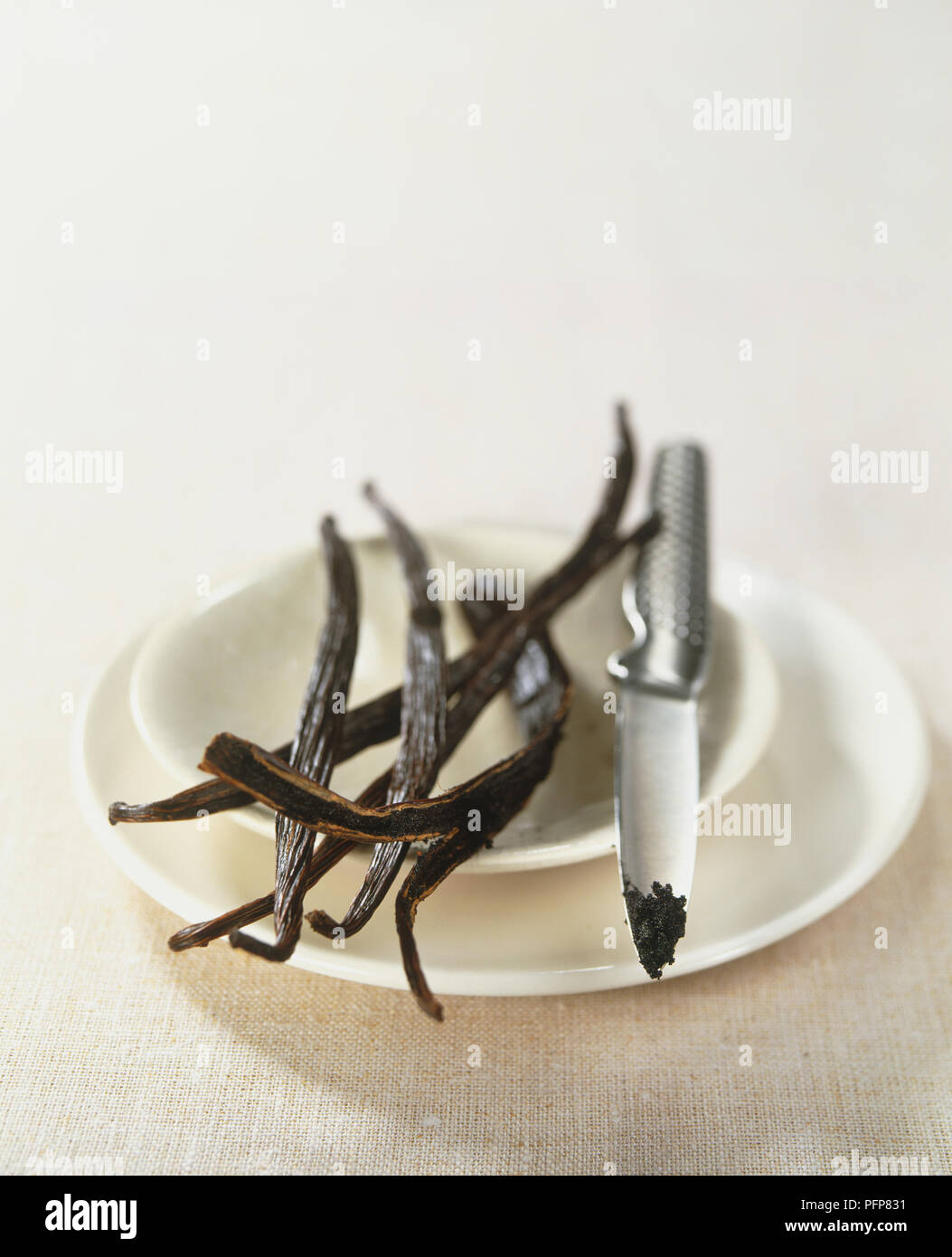 Vanilla planifolia, cured Vanilla pods in small ceramic bowl, one of ...