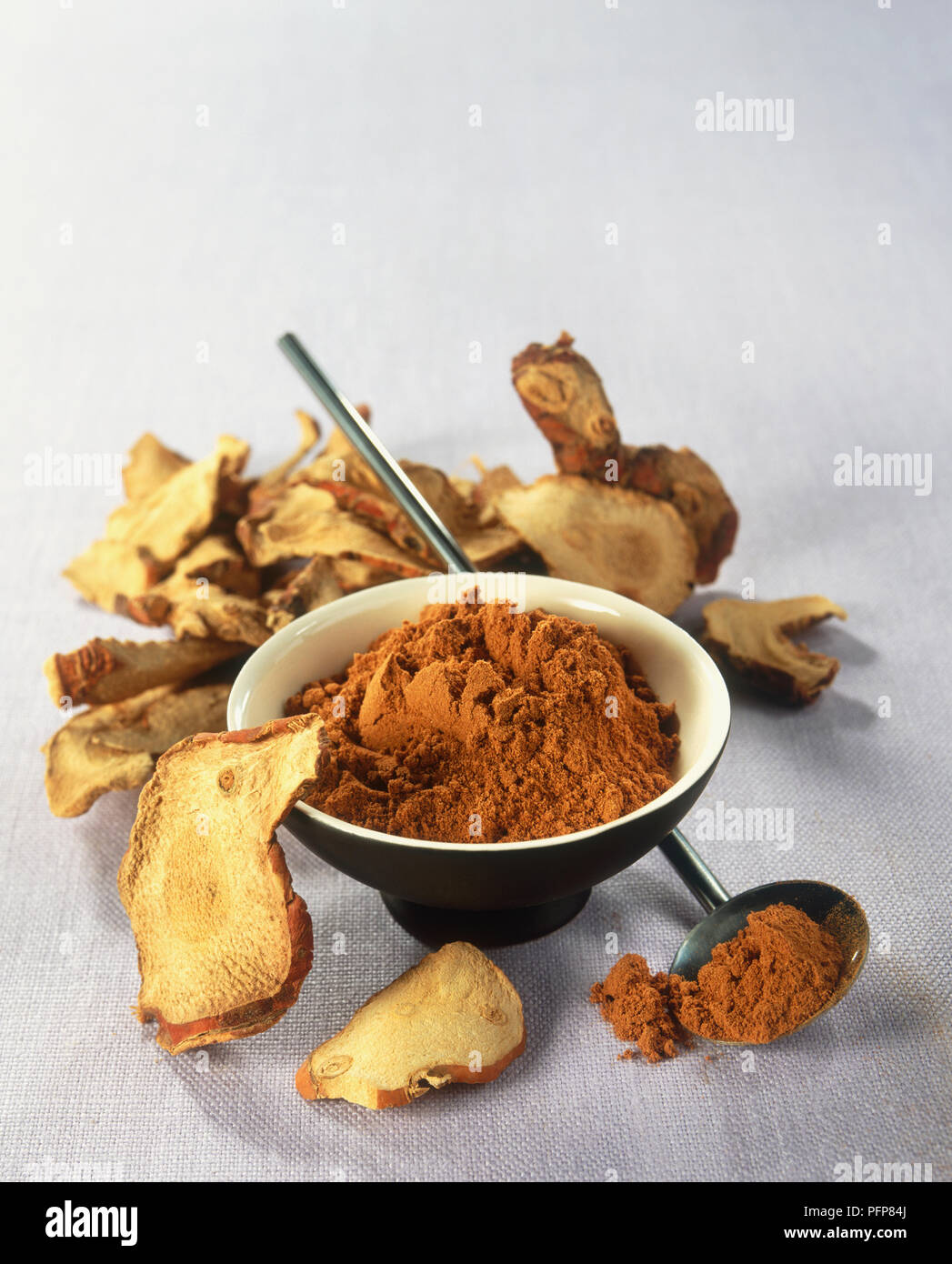 Alpina officinarum (Lesser galangal), dried and sliced, and powdered in ...