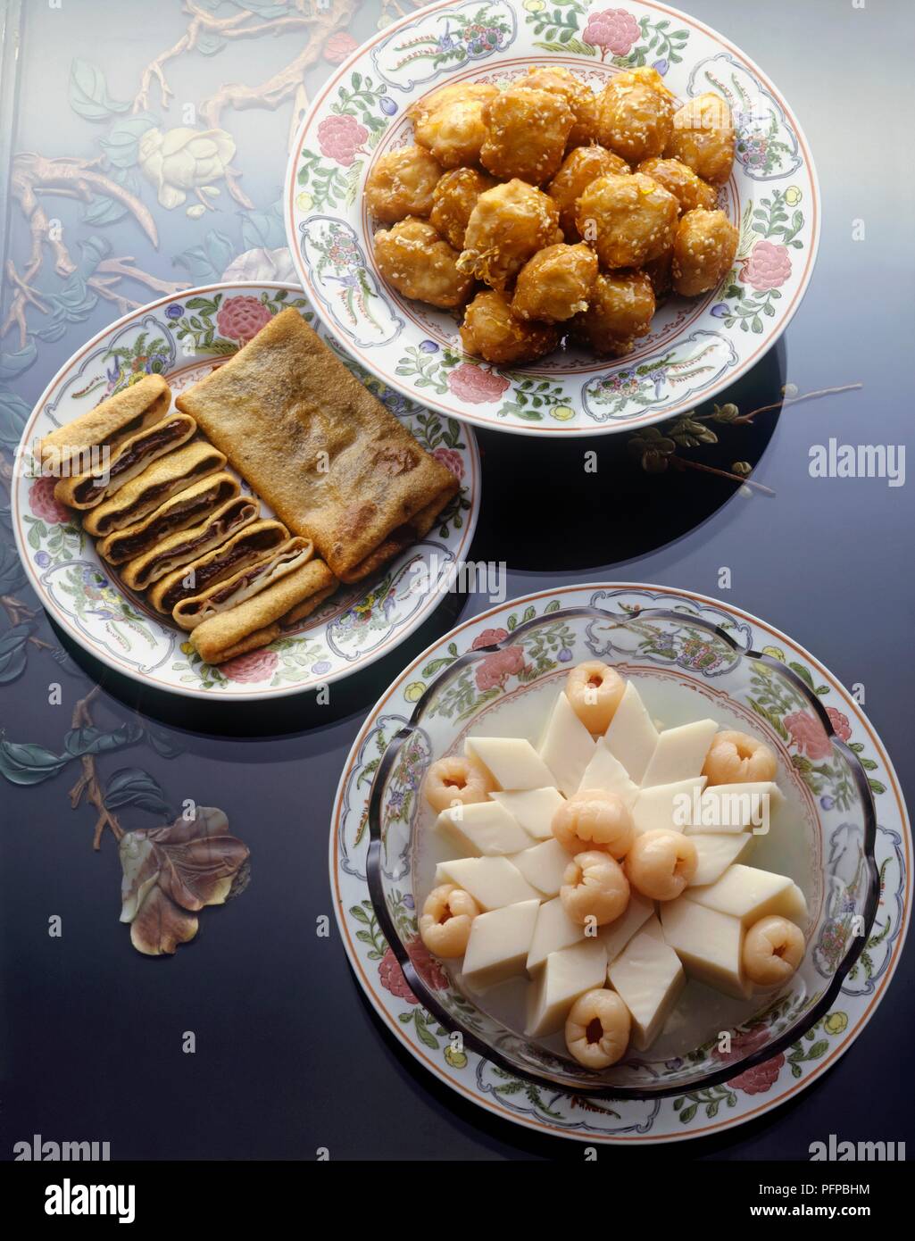 Chinese desserts, almond bean curd, red bean paste pancakes, and fruit ...