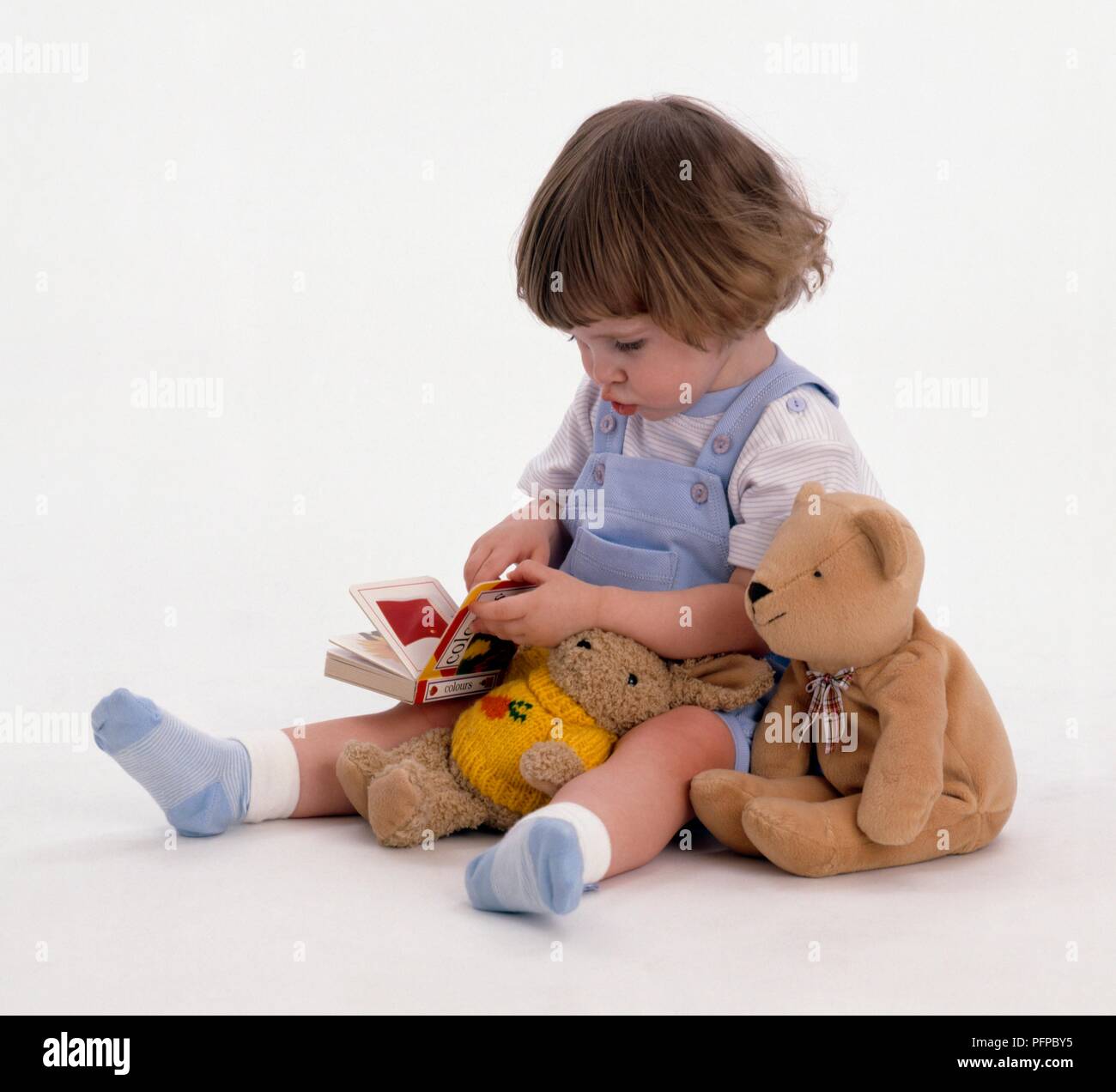 Two year old girl sitting on floor with teddy bear, toy rabbit and book ...