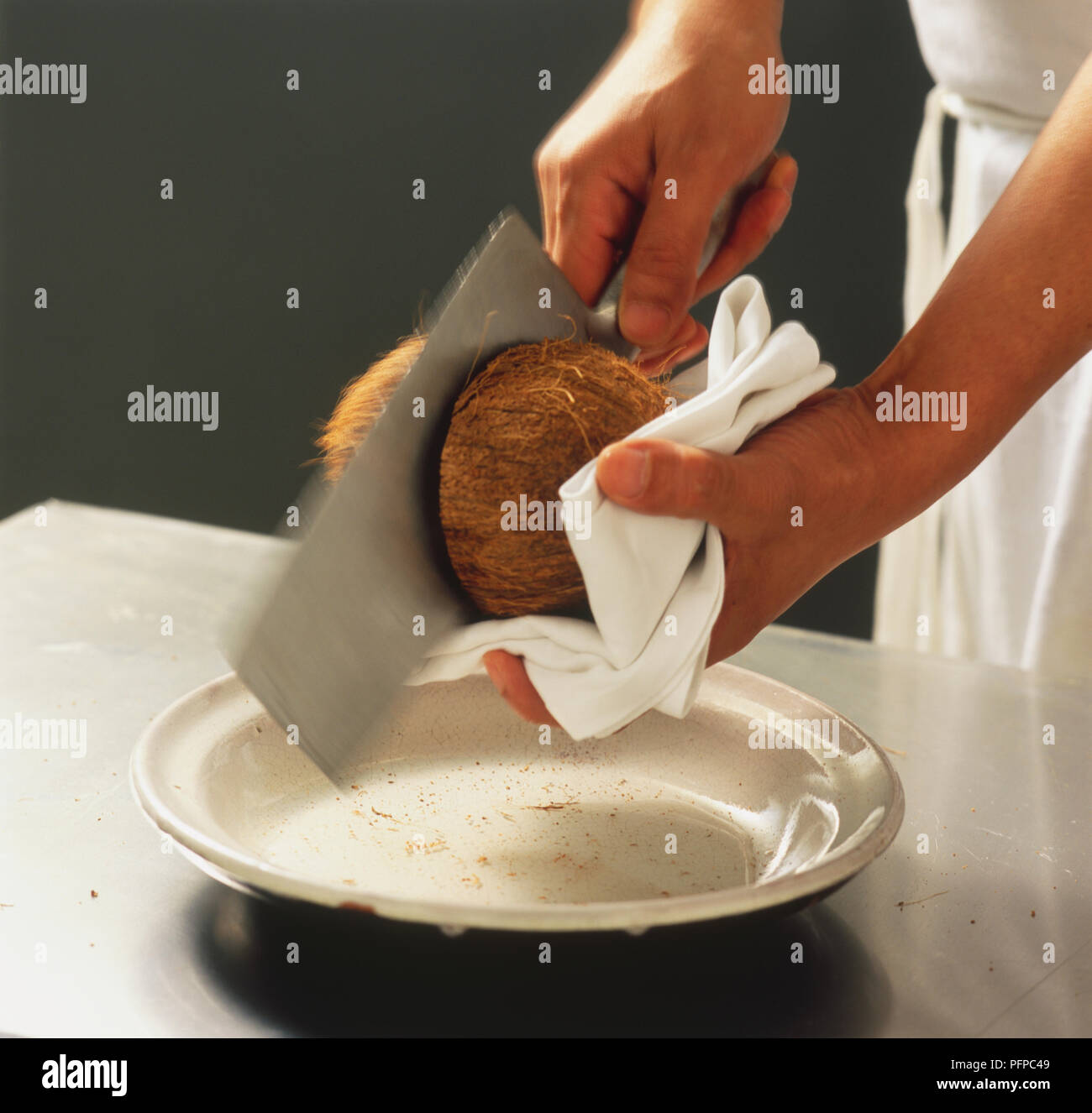 Cocos nucifera, Coconut, being sliced in half with large blade, one ...