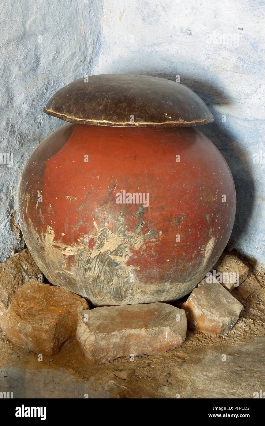 India, Rajasthan, Jaisalmer Fort, clay pot propped up on bricks Stock ...