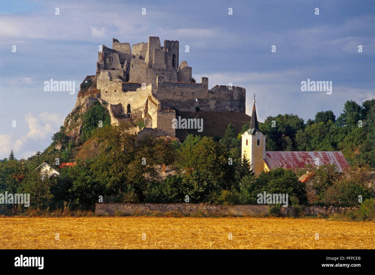 Slovakia, Beckov Castle, ruined 14th century castle on rocky outcrop ...