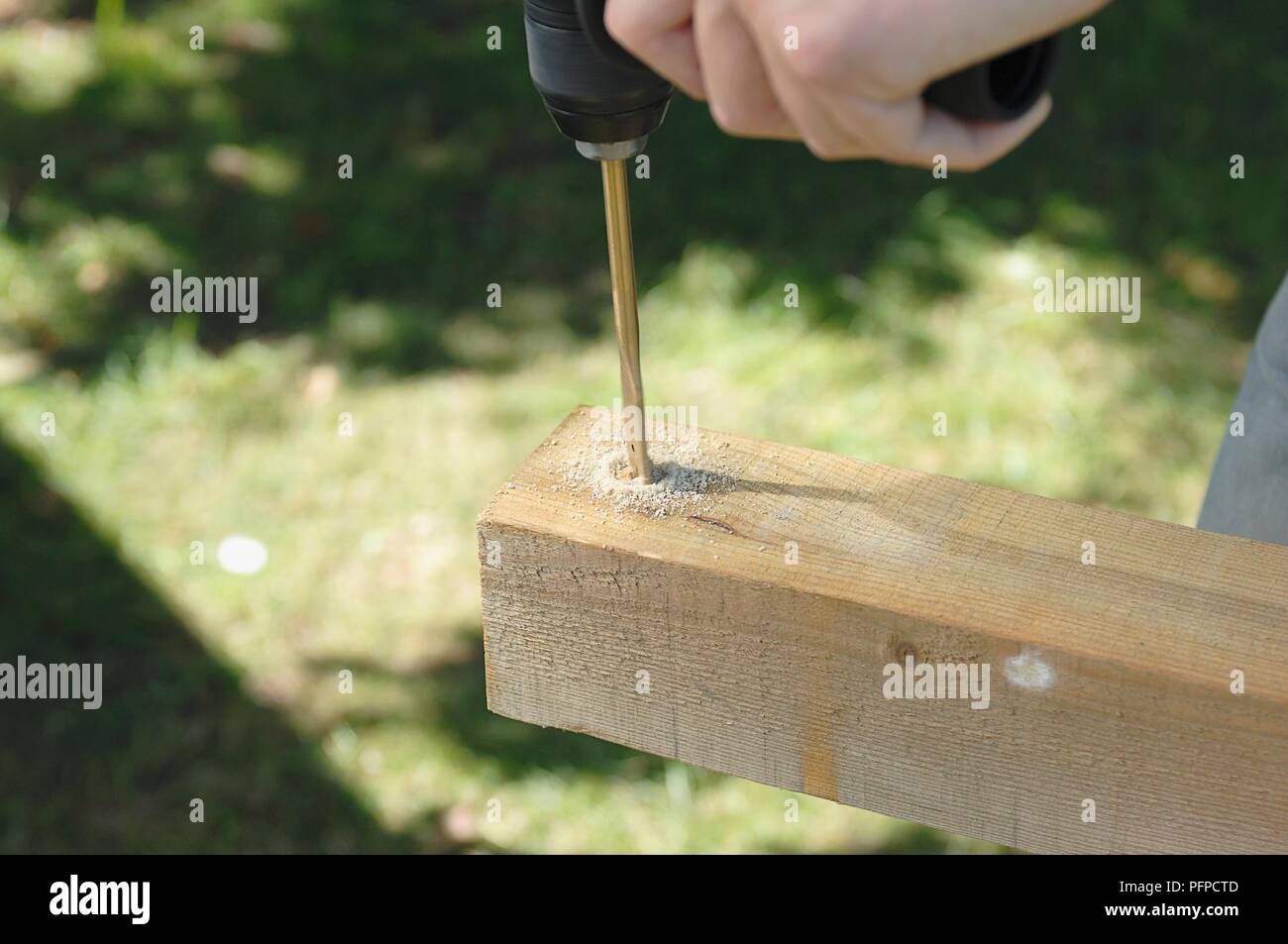 Drilling hole into timber, close-up Stock Photo - Alamy