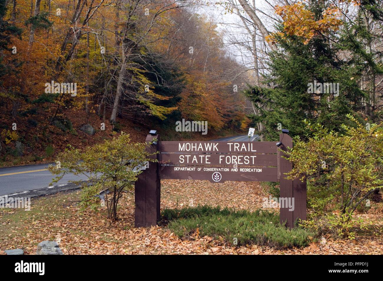 USA, Massachusetts, Mohawk Trail State Forest, sign by roadside Stock ...