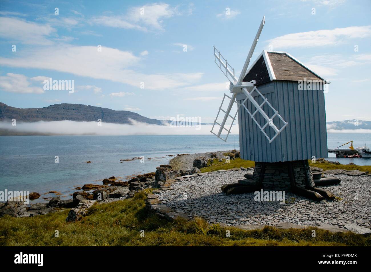 Iceland, West Fjords, Isafjordur, windmill on Vigur Island Stock Photo ...