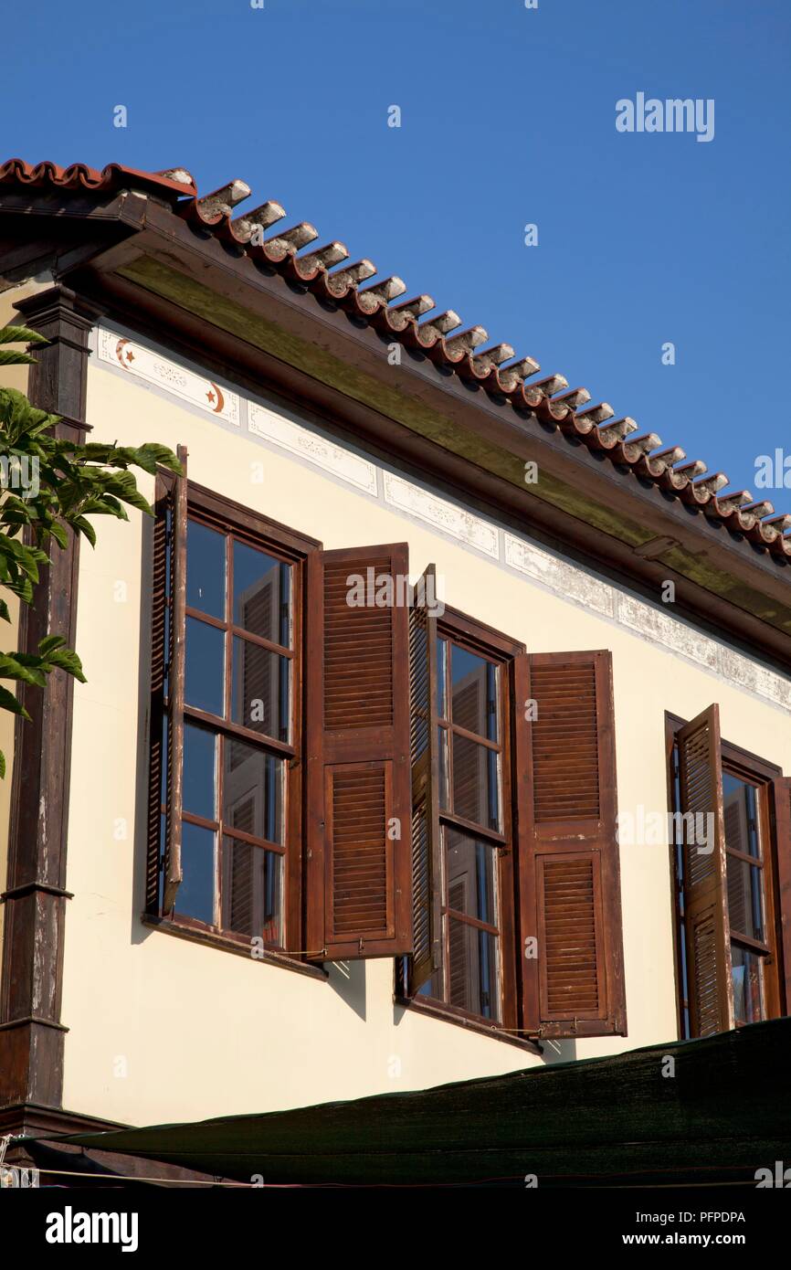 Turkey, Antalya, Kaleici, view of windows and shutters on an old house ...
