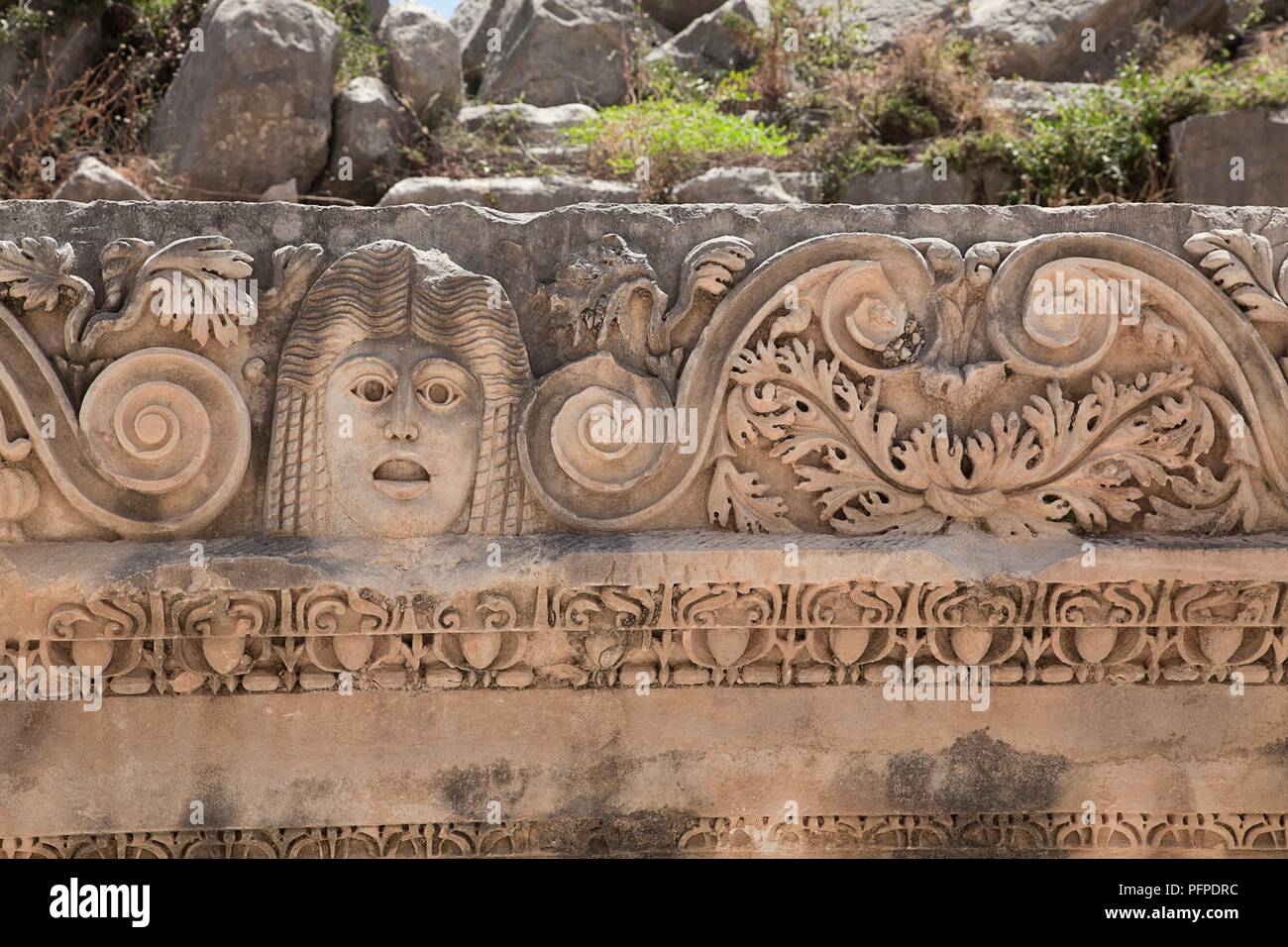 Turkey, intricate stonework in the Roman amphitheatre at the ruins of ...