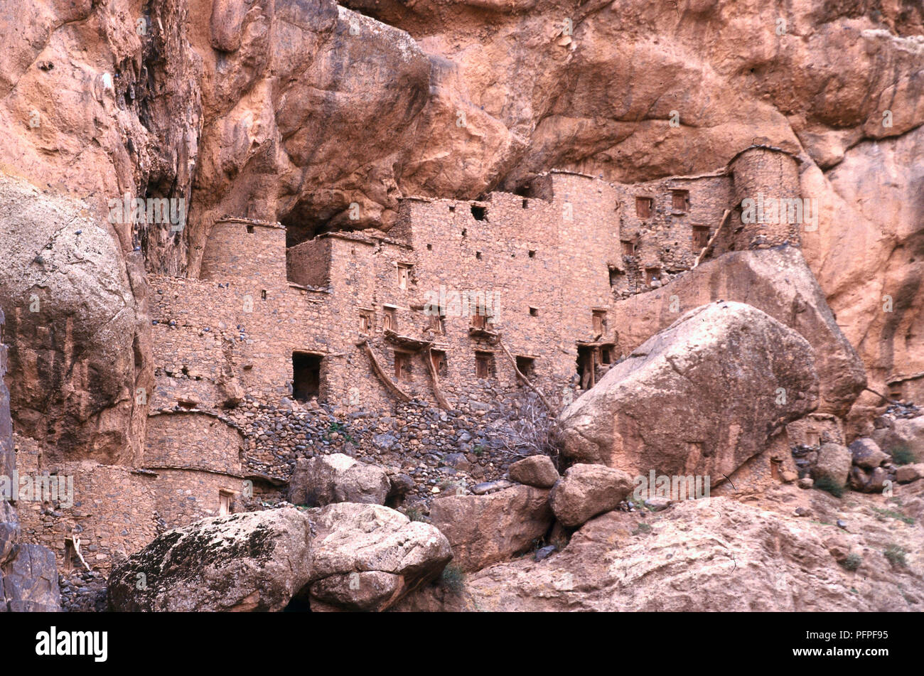 Morocco, Tiout, fortified village built on outcrop above valley Stock ...