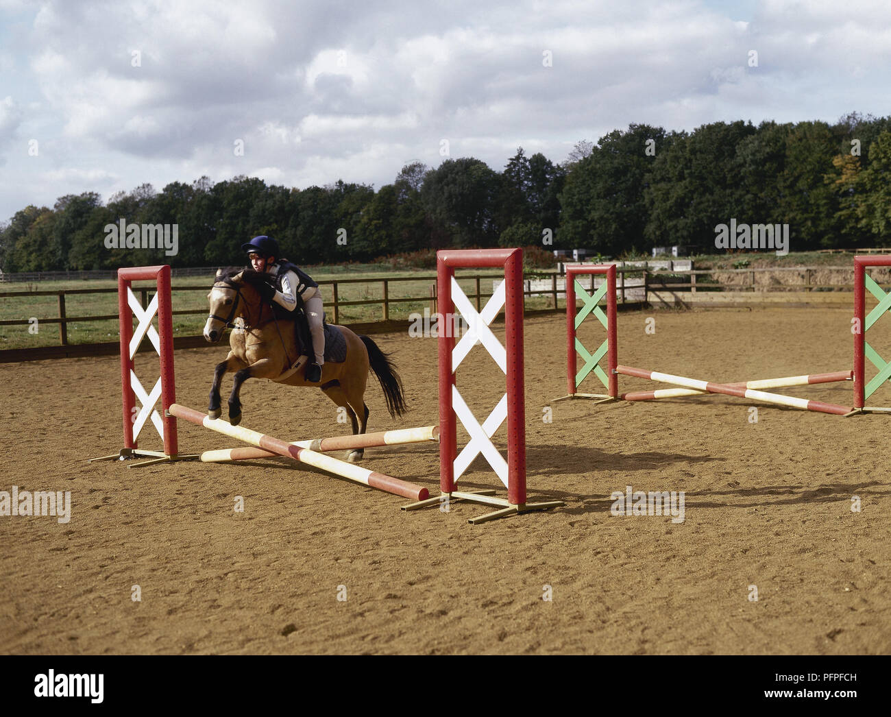 Pony and rider jumping over poles Stock Photo - Alamy