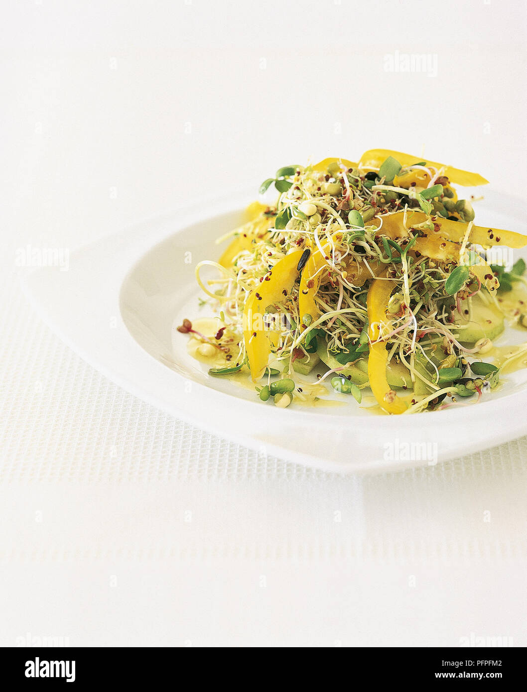 Mixed sprouted seed salad with sliced yellow pepper, apple, and herb ...