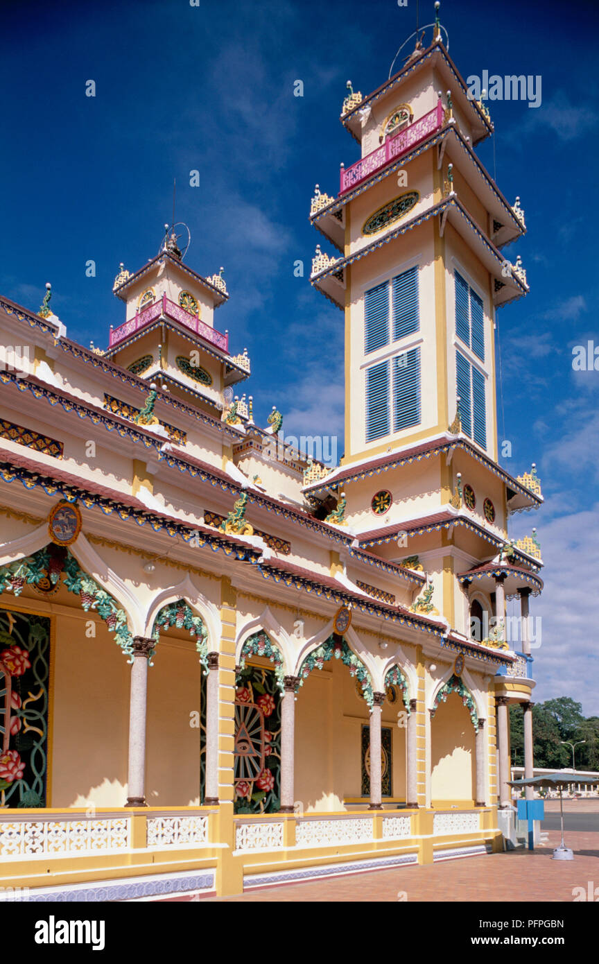 Vietnam, Ho Chi Minh City, Cao Dai Temple, veranda and tower set ...