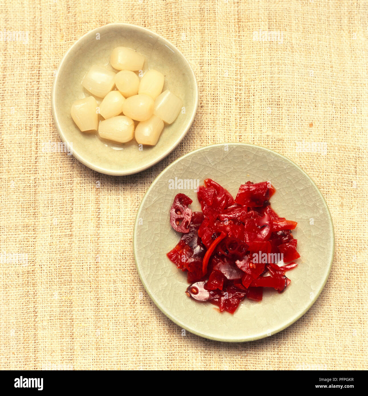 Seven vegetable pickle (red) and pickled Japanese shallots Stock Photo ...