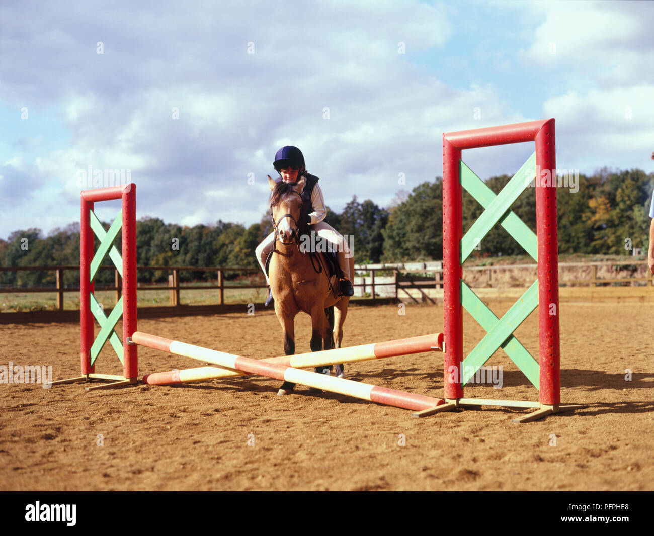 Young girl riding pony over crossed-rail jump in paddock Stock Photo ...