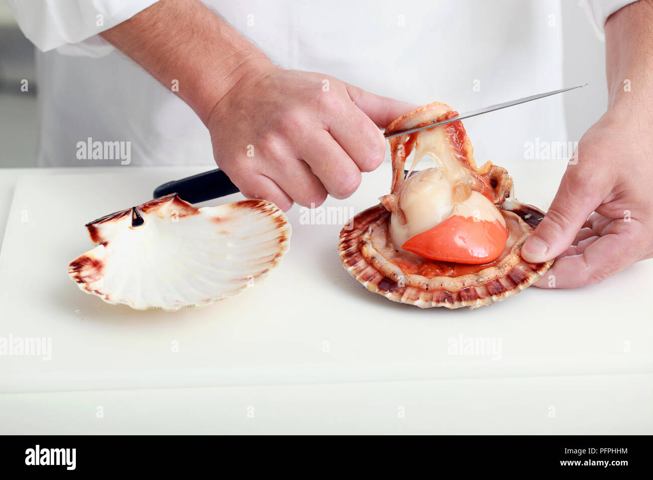 Preparing scallops, removing the skirt (or frill Stock Photo - Alamy