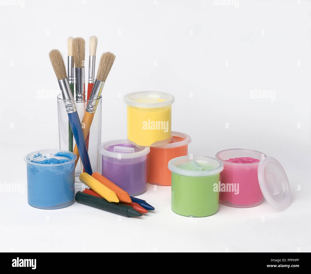 Paints, brushes and crayons Stock Photo - Alamy