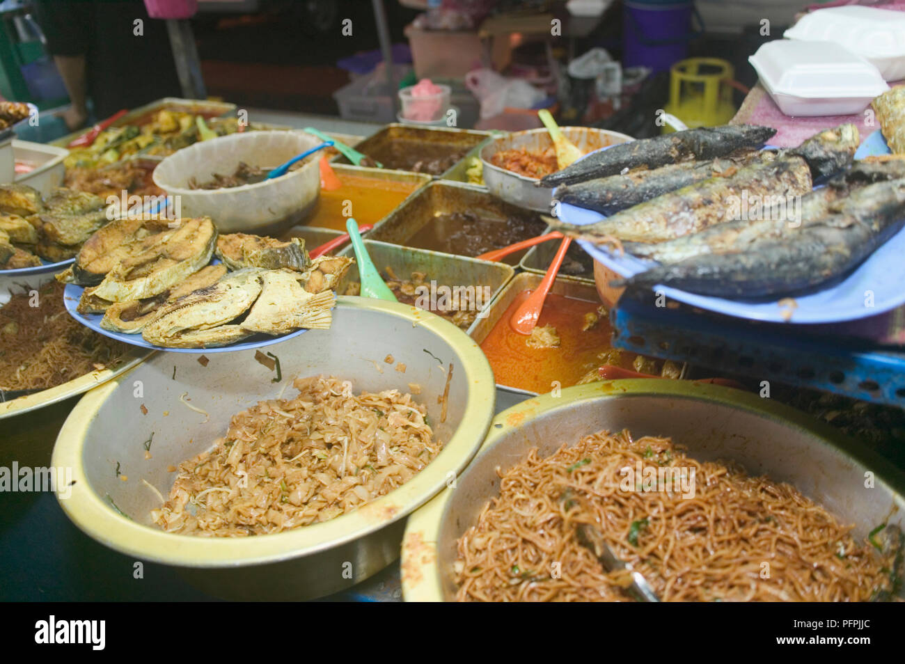 Malaysia, Borneo, Sarawak, Sibu, stall with food at the night market ...