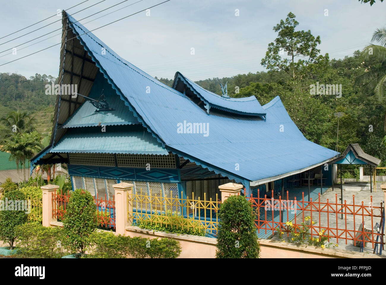 Malaysia, Selangor, Gombak, local school with traditional blue pointy ...