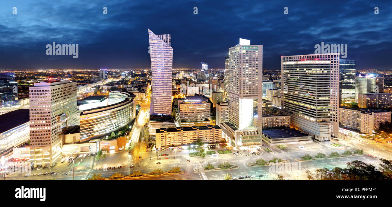 Panorama of Warsaw city center during the night, Poland Stock Photo - Alamy