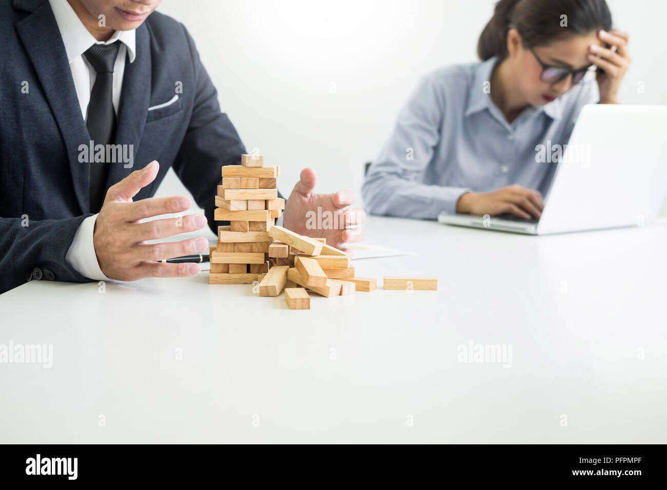 Depressed failure and tired businessman late sad and solving problem in ...