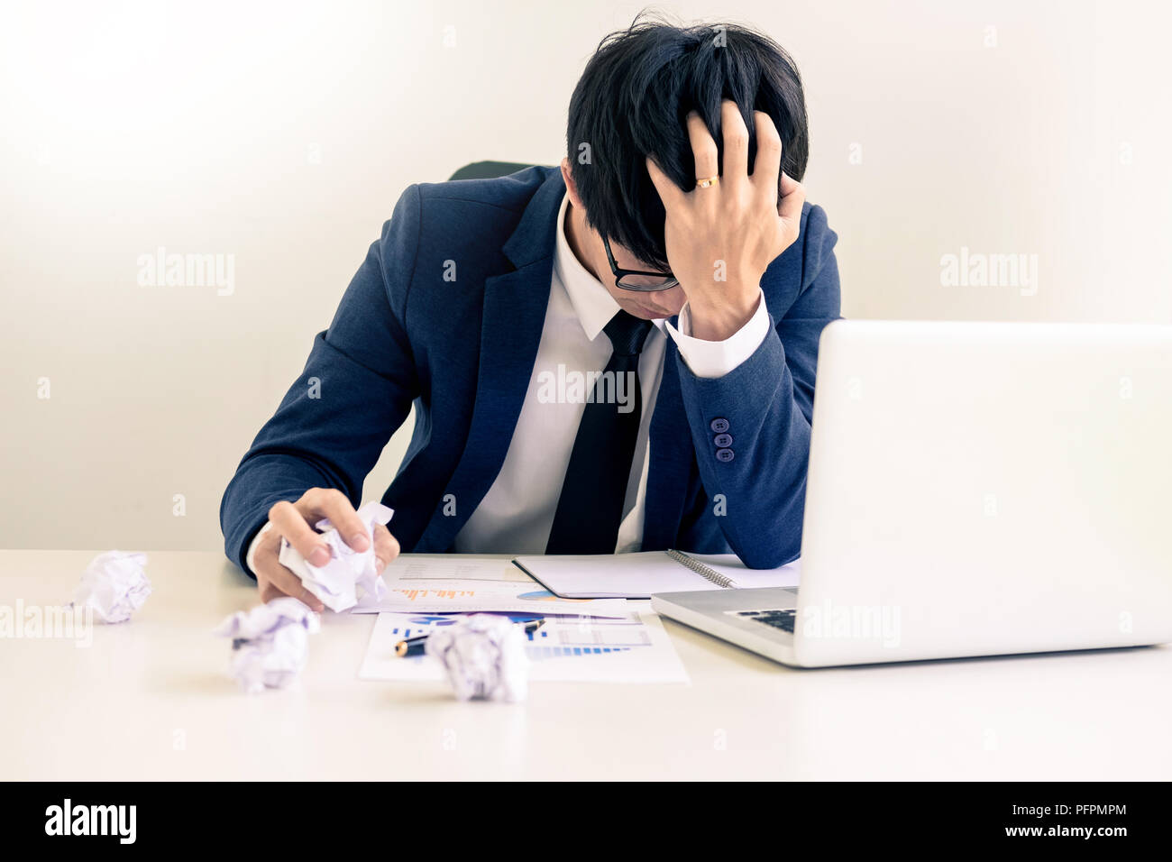 Depressed failure and tired businessman late sad and solving problem in ...