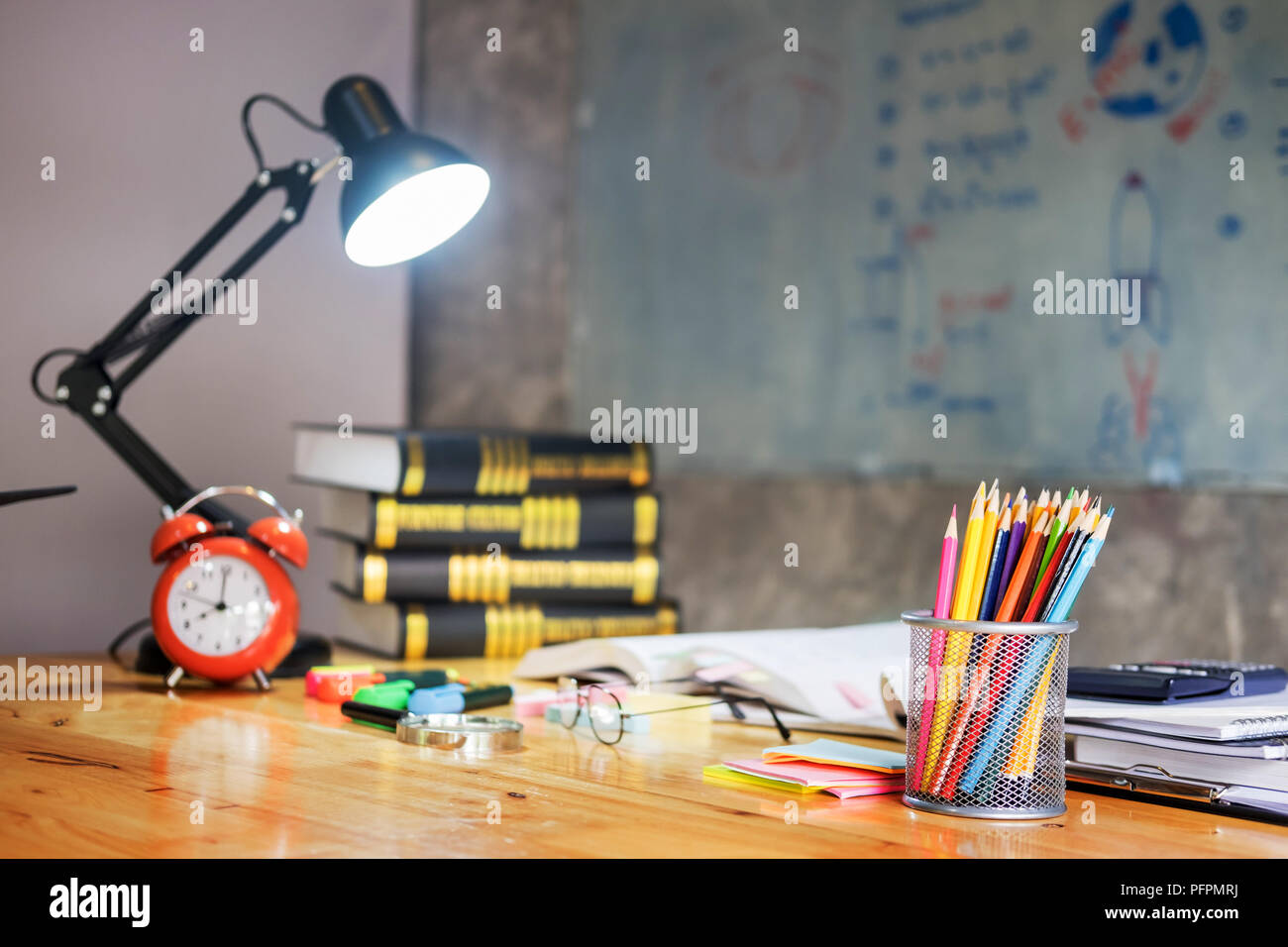 colorful equipment class with typical wooden benches Books and ...