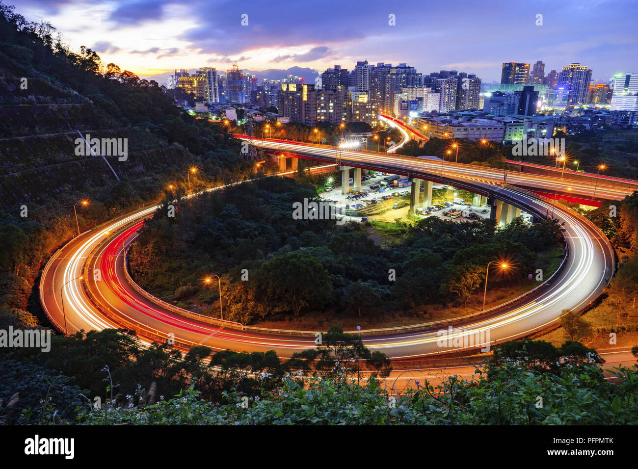 Traffice light trail in Freeway.The Eye of Xindian in Taiwan Stock ...