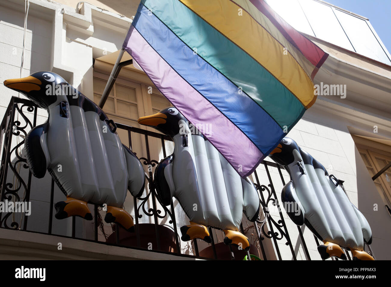 Penguin Inflatables and Rainbow Flag on Sitges Balcony in Spain Stock ...