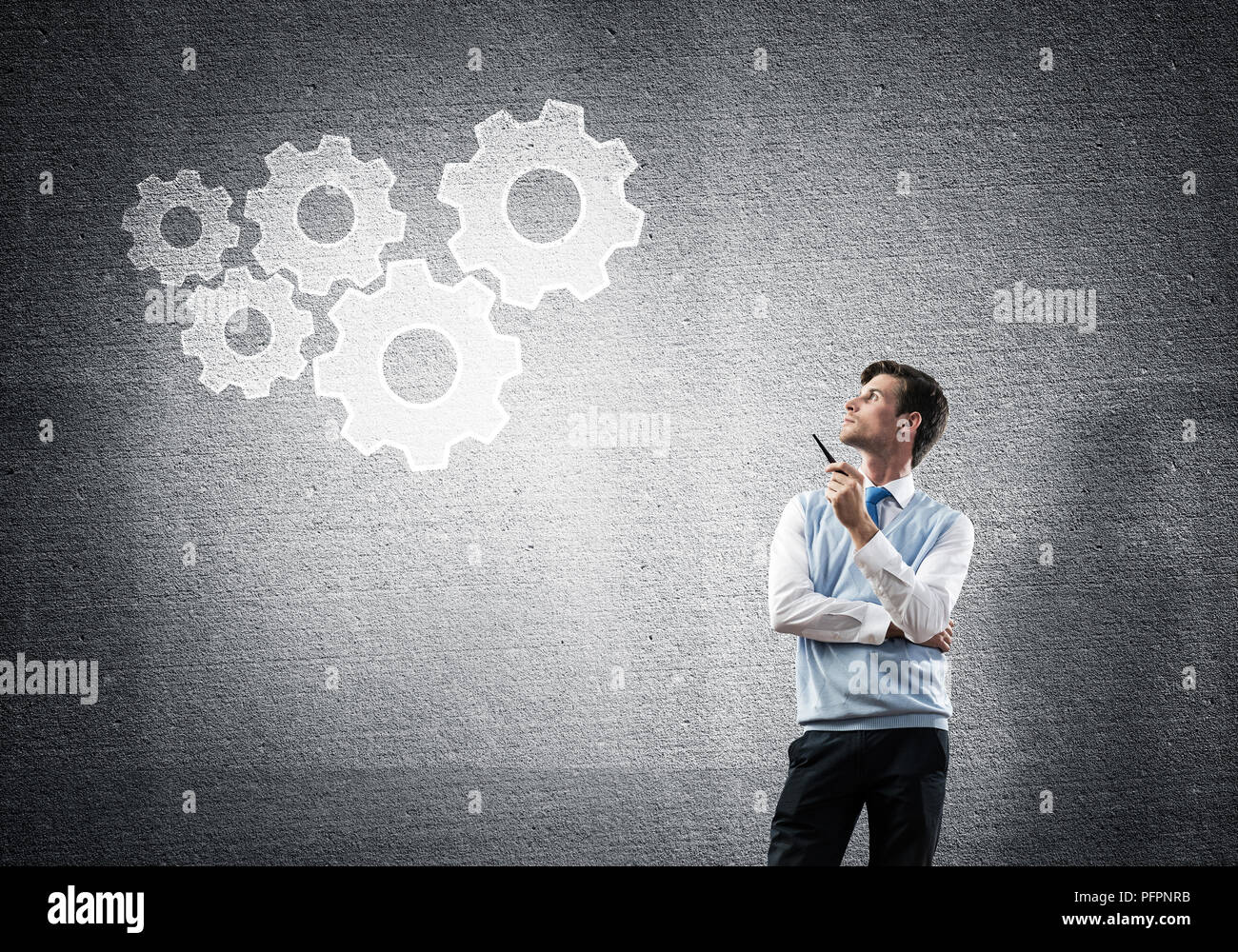 Elegant banker wearing red tie and gears as teamwork concept Stock ...
