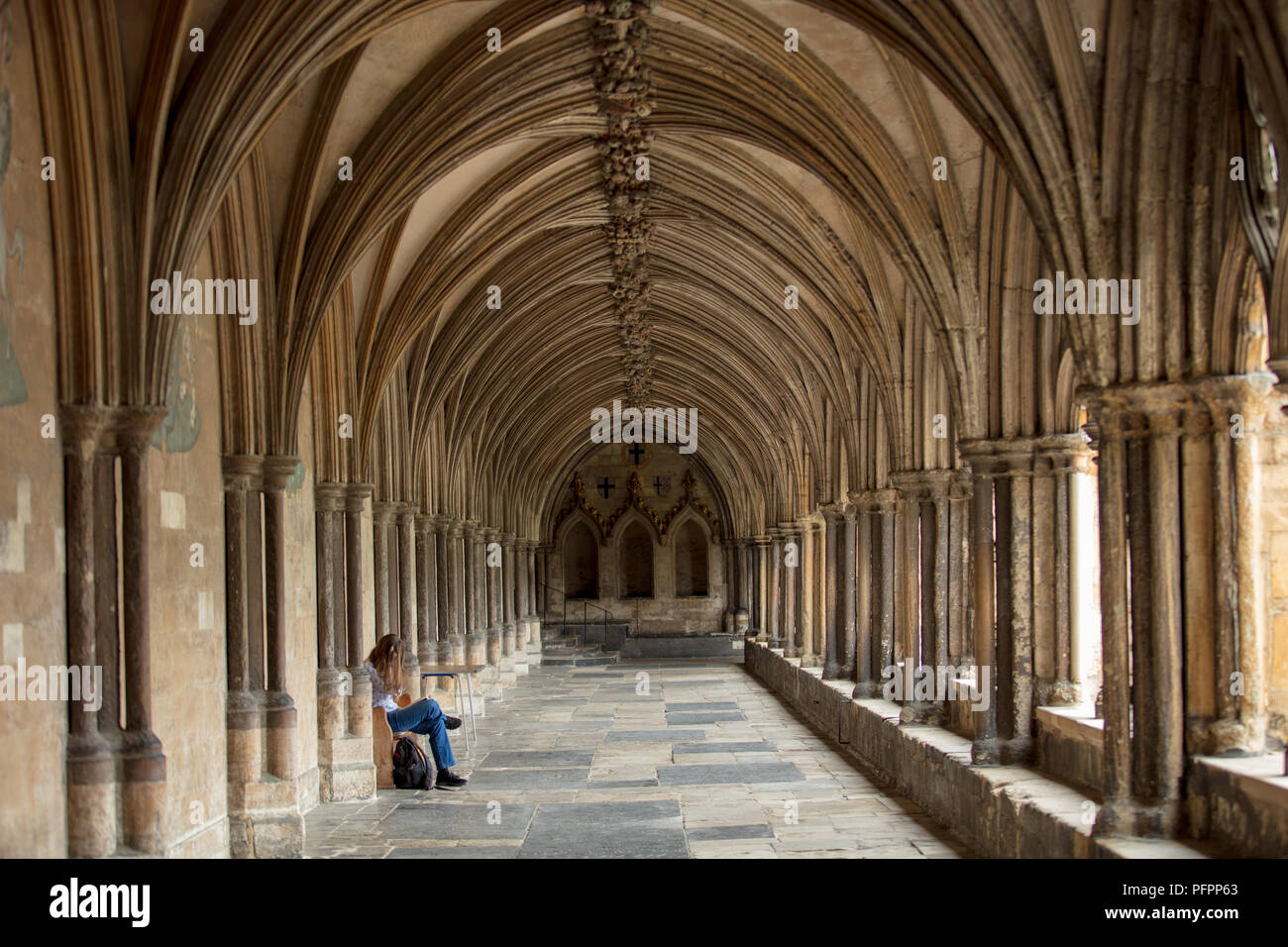 Cloister enclosing a square open space next to the Cathedral of Norwich ...
