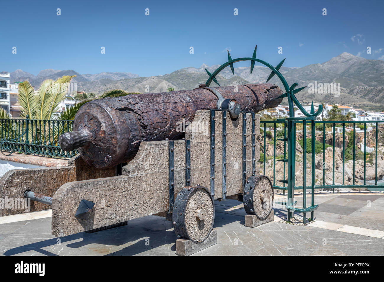 Canon on the Balcón de Europa, Nerja, Andalucía, Costa del Sol, Spain ...