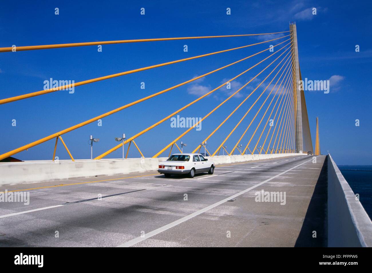 USA, Florida, Tampa Bay, car driving along Sunshine Skyway Bridge Stock ...