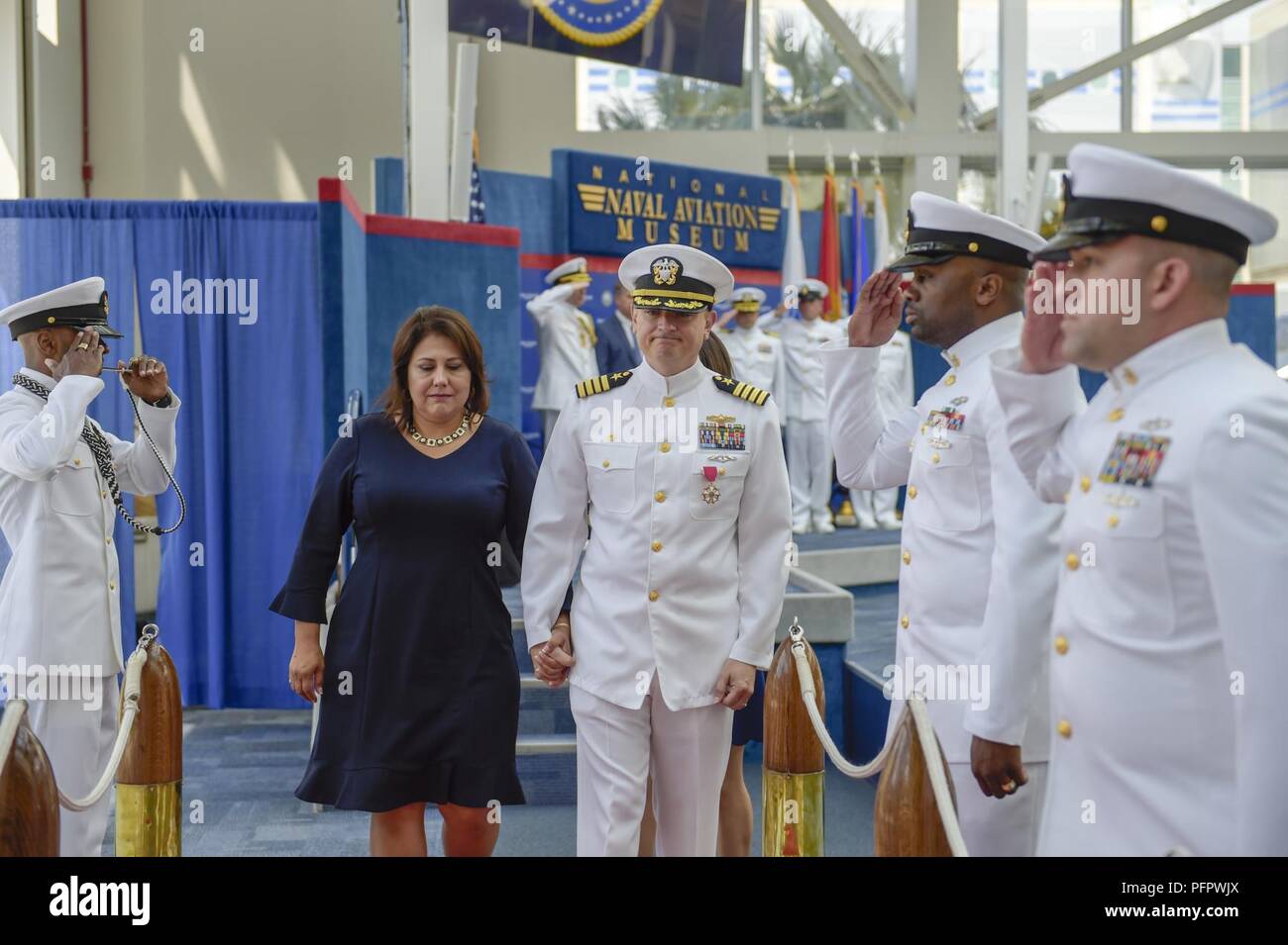 Fla. (May 24, 2018) Sideboys salute Capt. Bill Lintz and his wife ...