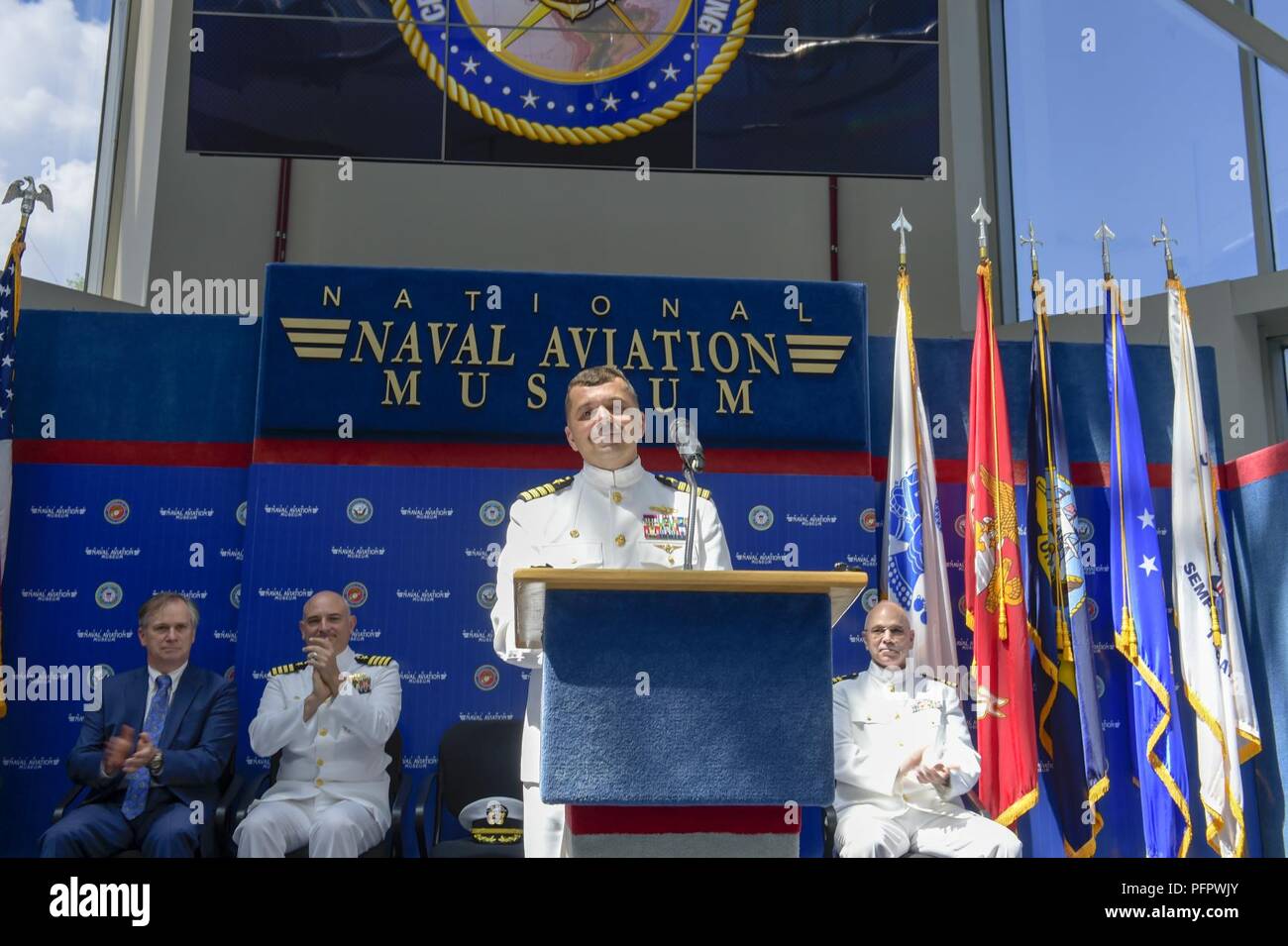 Fla. (May 24, 2018) Capt. Nick Andrews prepares to speak after taking ...