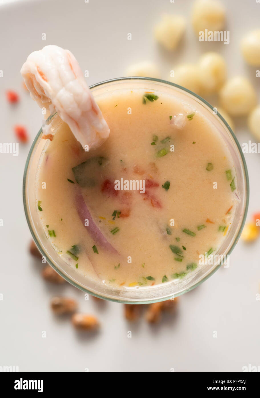 Peruvian seviche LECHE DE TIGRE. Raw fish cocktail ceviche with lime ...