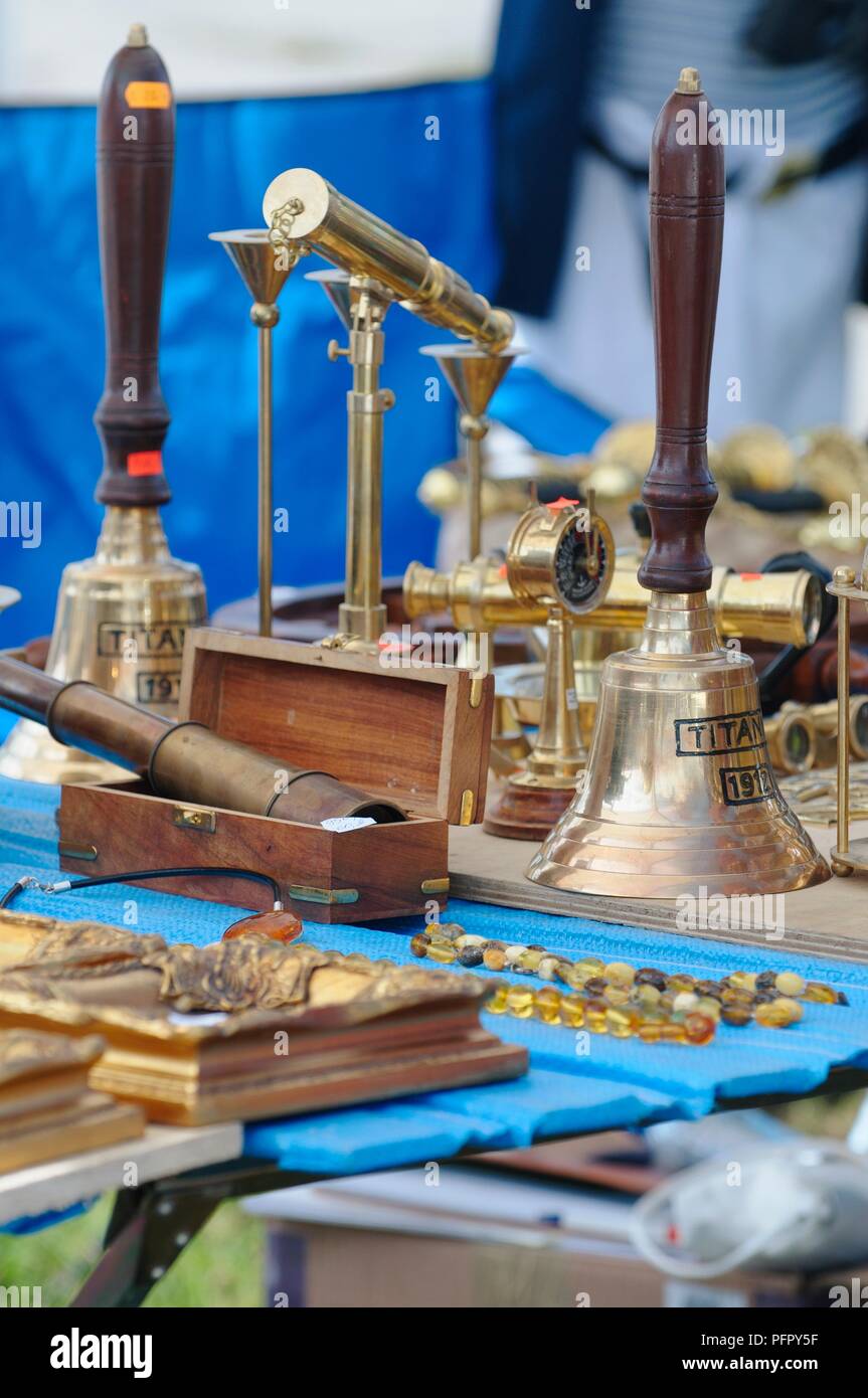 Estonia, Tallinn, hand bells, amber jewellery, and various nautical ...