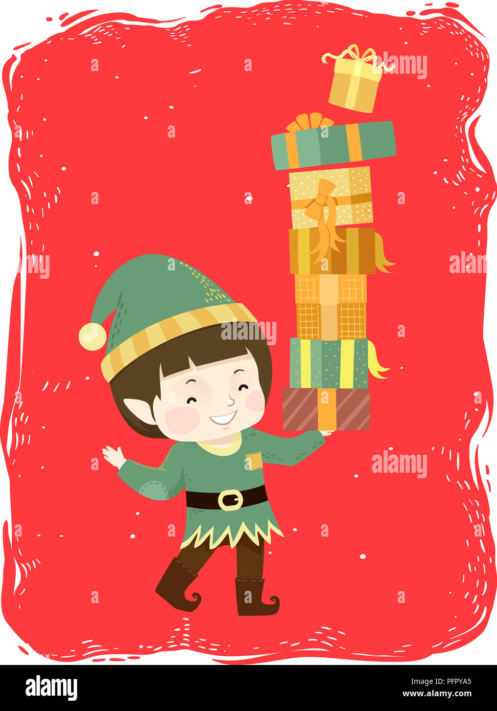 Illustration of a Kid Boy Christmas Elf Carrying a Stack of Gifts Stock ...