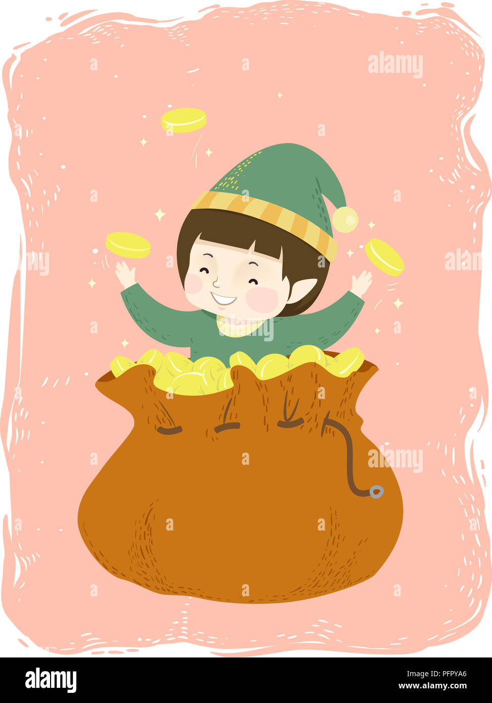 Illustration of a Kid Boy Elf Inside a Bag Full of Gold Coins Stock ...