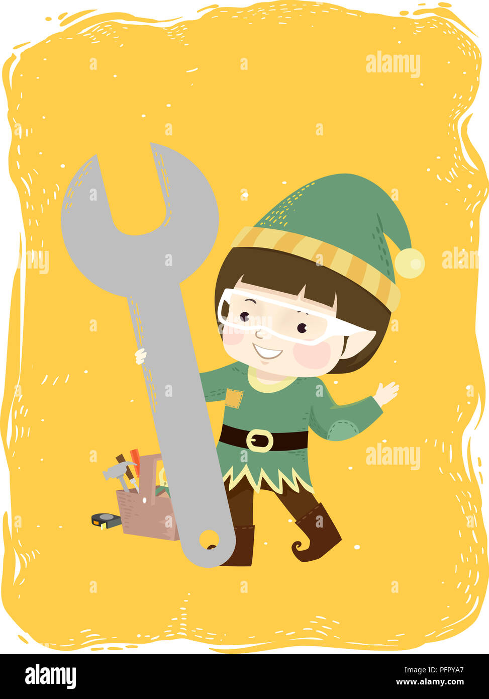 Illustration of a Kid Boy Elf Wearing Goggles and Holding a Big Wrench ...