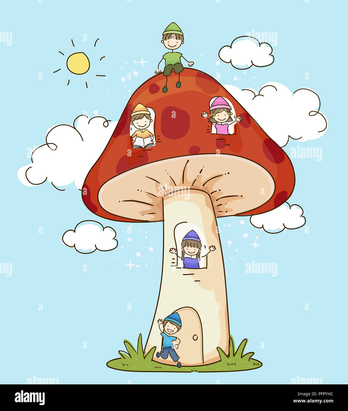 Illustration of Stickman Kids Dwarf Inside a Big Red Mushroom House ...