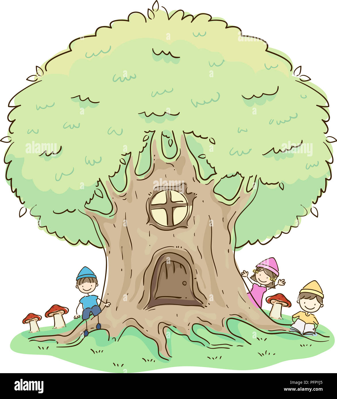Illustration of Stickman Kids Dwarf and a Tree House with a Door and ...