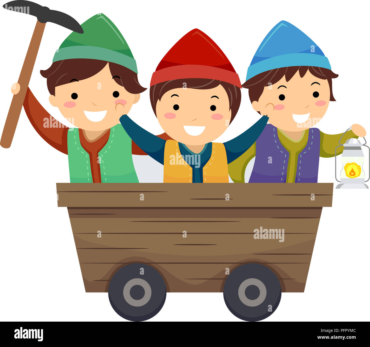 Illustration of Stickman Kid Boys Dwarf In a Mining Cart Holding a Pick ...