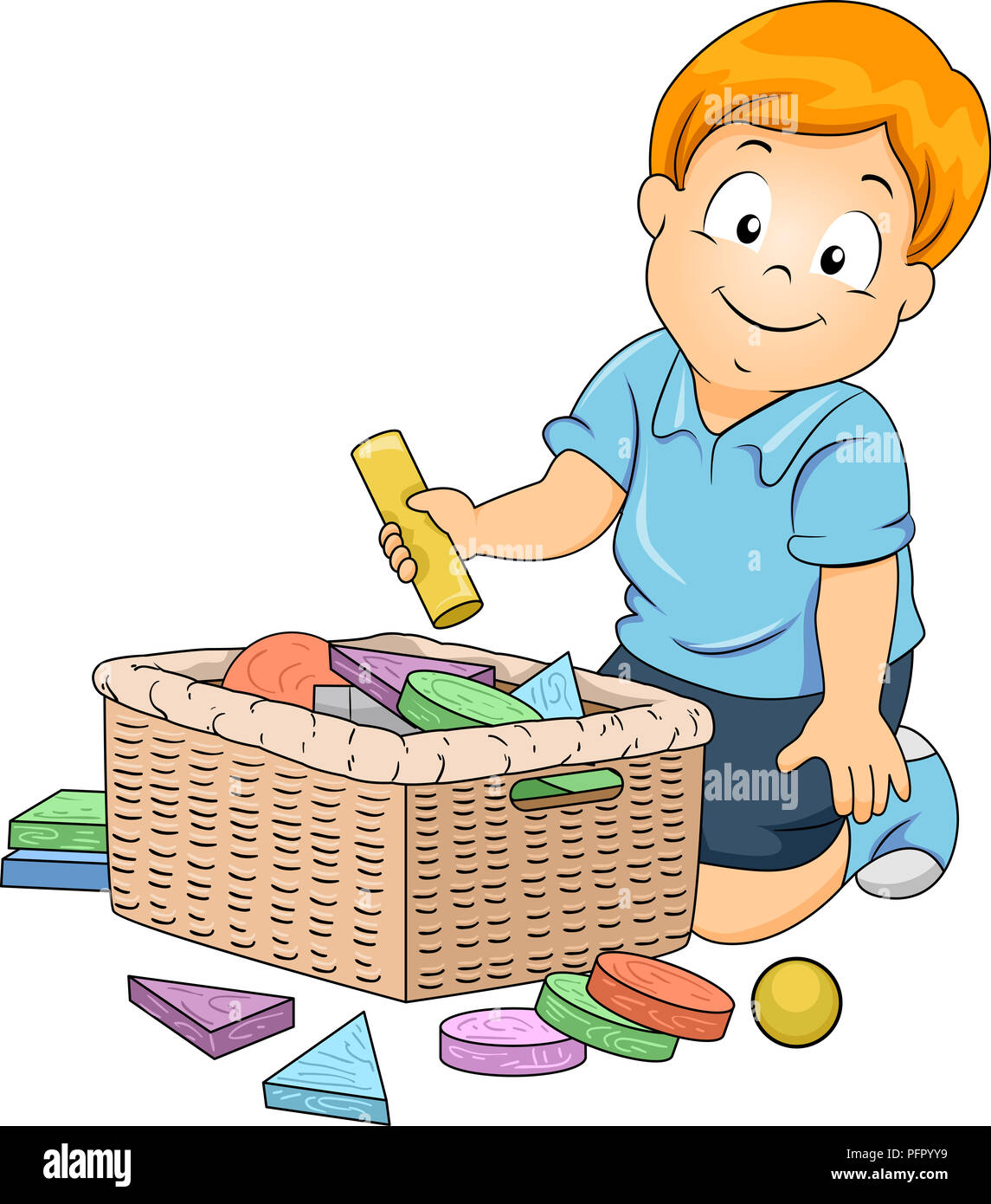 Illustration of a Kid Boy Organizing Wooden Blocks in a Wicker Basket ...