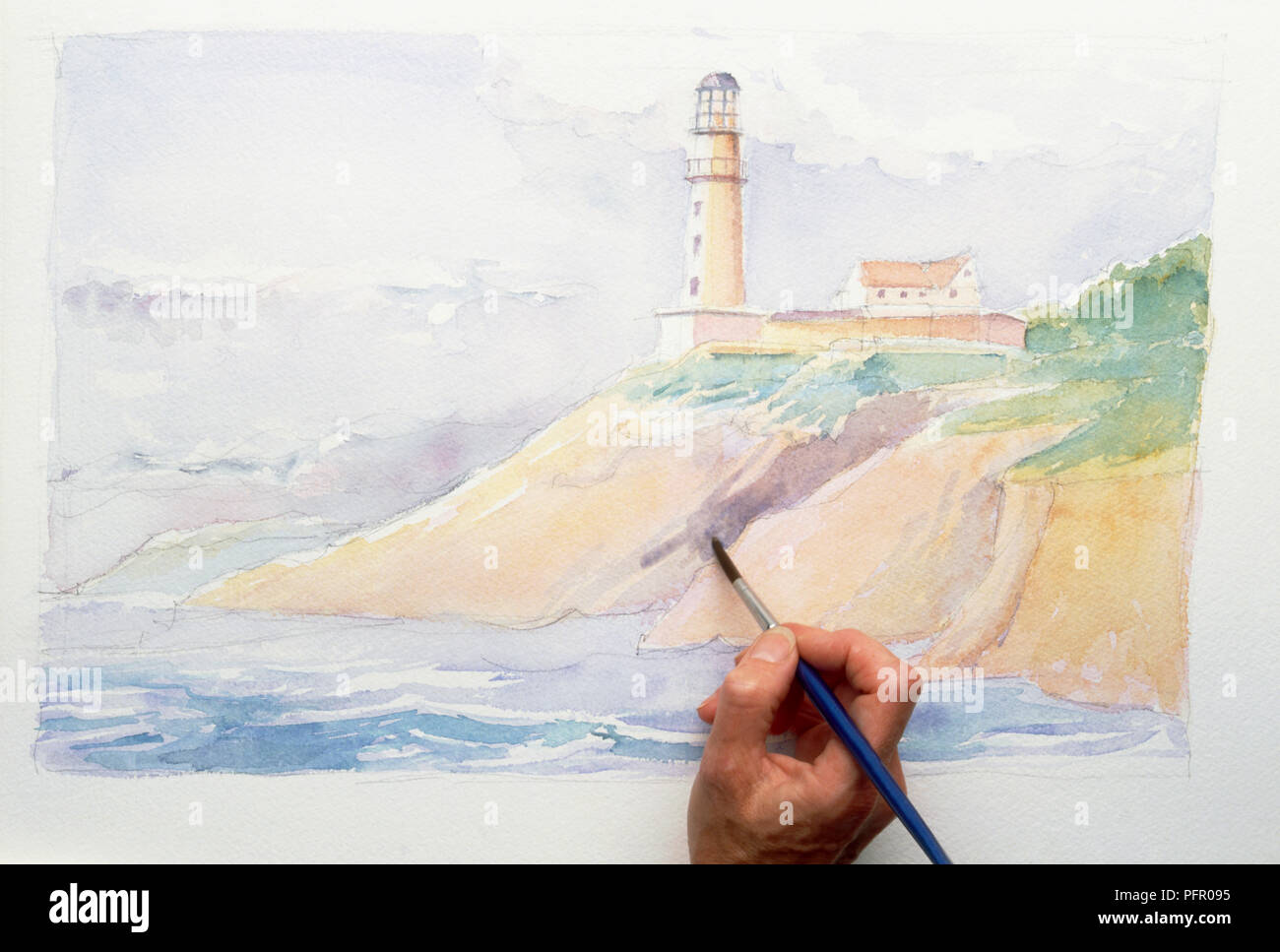 Artist applying Prussian blue mixed with Indigo wash to watercolour ...