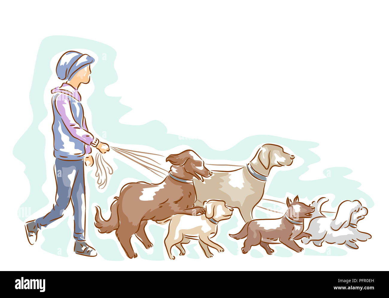 Illustration of a Man Walking Several Dogs Stock Photo - Alamy
