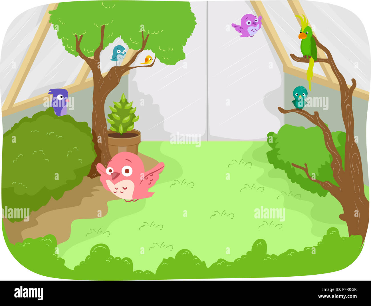 Illustration of Birds Inside an Aviary with Several Plants Inside Stock ...