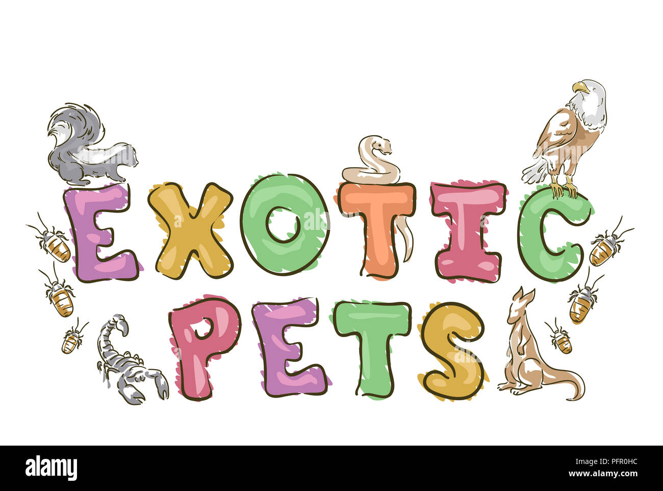Illustration of Exotic Pets Lettering with a Skunk, Snake, Eagle ...