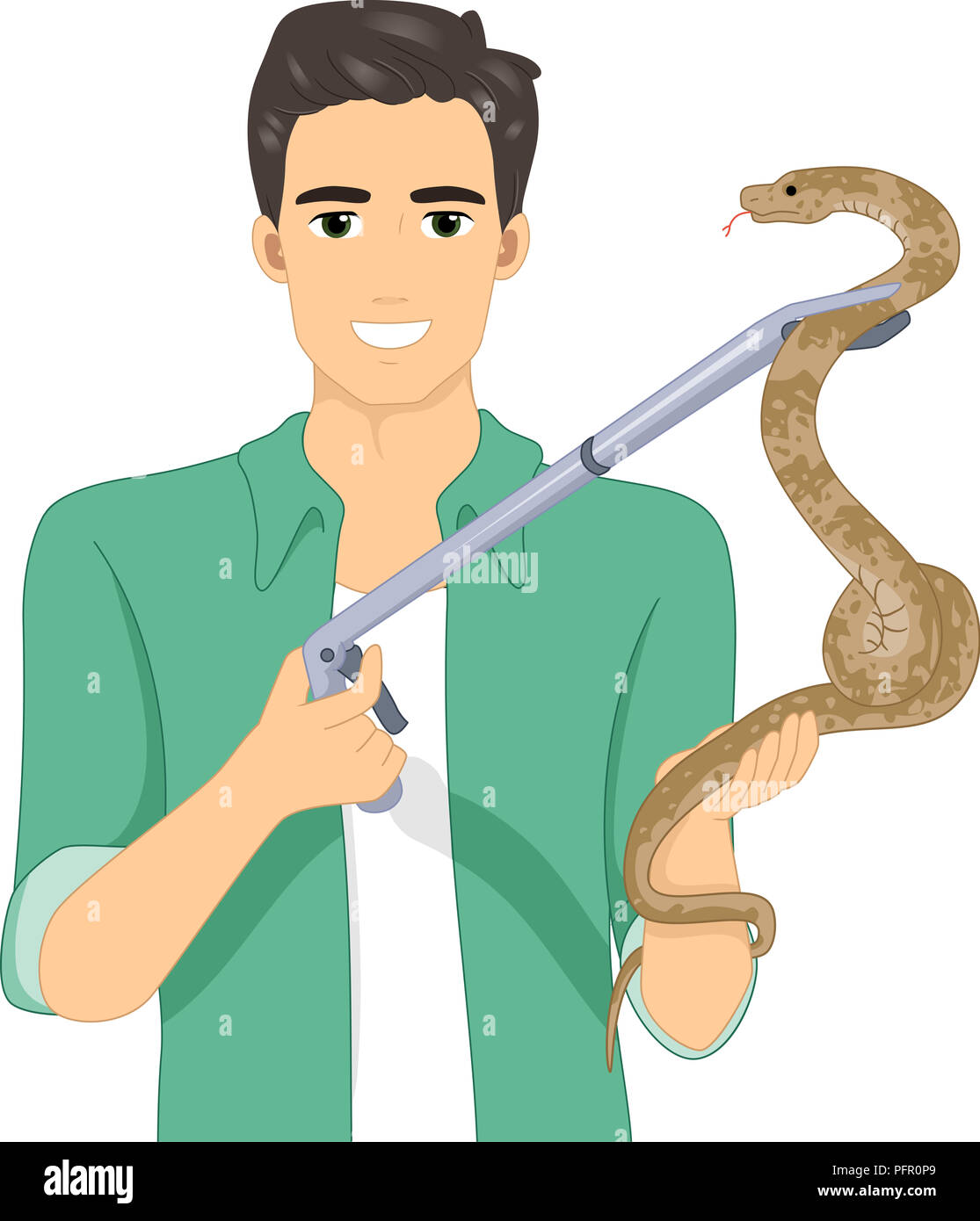Illustration of a Man Holding a Brown Snake Using a Snake Holder Stock ...