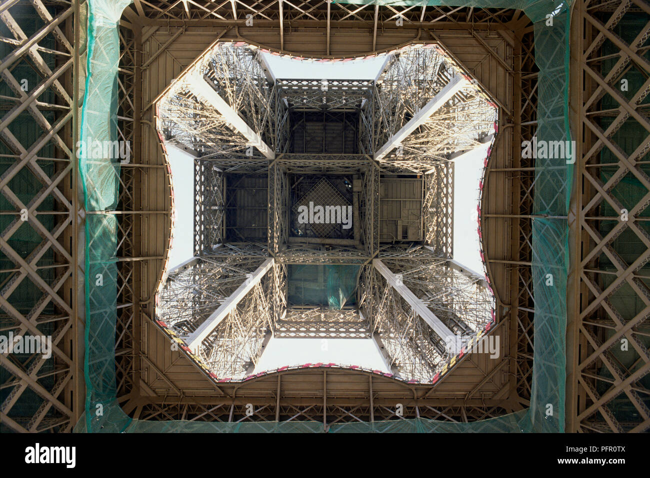 France, Paris, Eiffel Tower (La Tour Eiffel) seen from directly below ...